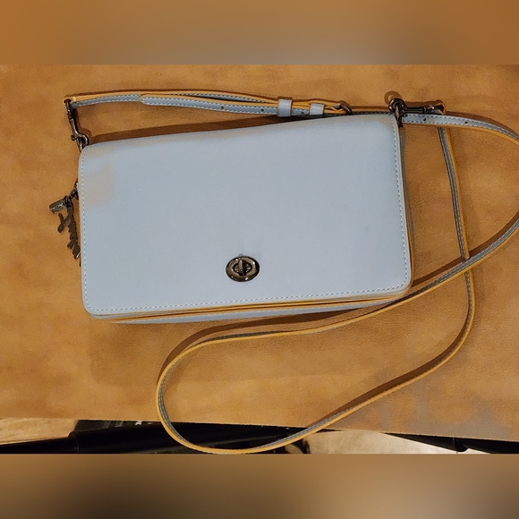 Coach | Bags | Coach Dinky Bag Leather Blue With Mustard Liking | Poshmark